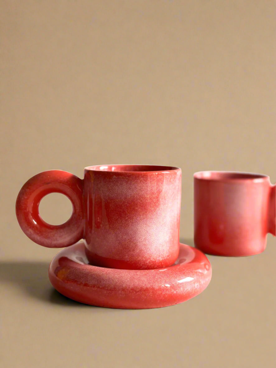 Glossy Red Ceramic Cup & Saucer Set
